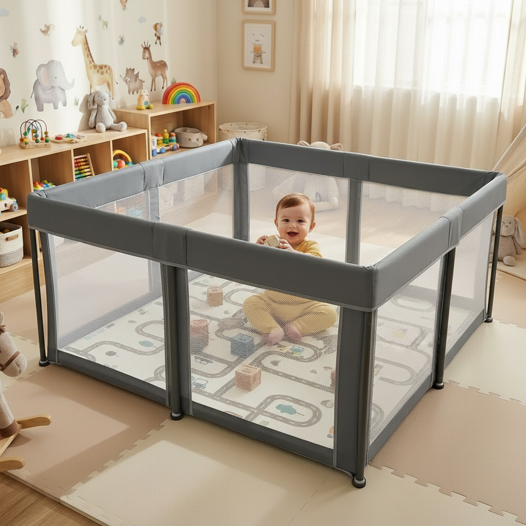 Corral para bebe de seguridad plegable + Alfombra antigolpe Gris – BABY ...