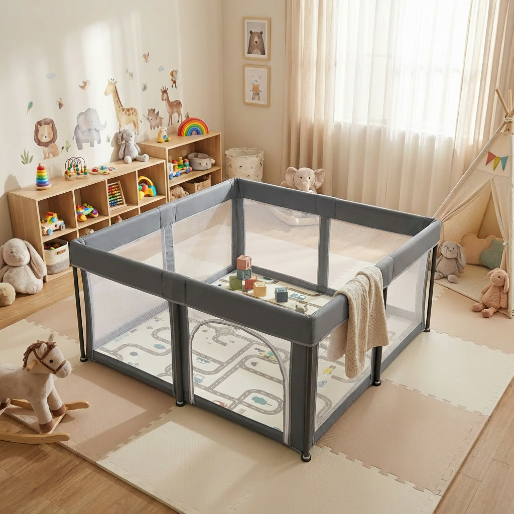 Corral para bebe de seguridad plegable + Alfombra antigolpe Gris – BABY ...